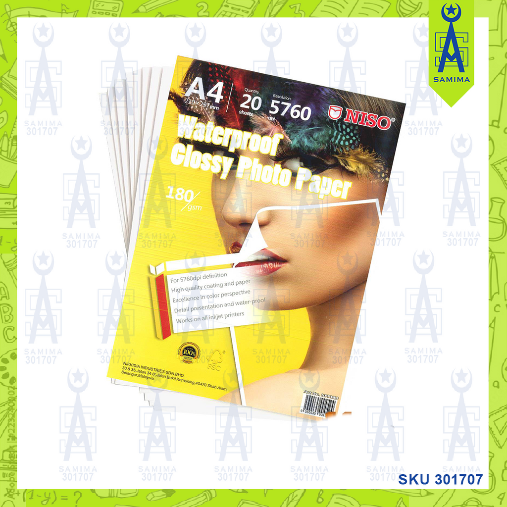 NISO WATERPROOF GLOSSY PHOTO PAPER A4 180G 20'S – Samima