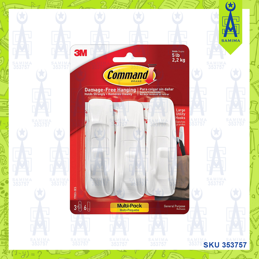 3M 17003 COMMAND 3 WHITE LARGE HOOK W/ 6 STRIPS – Samima